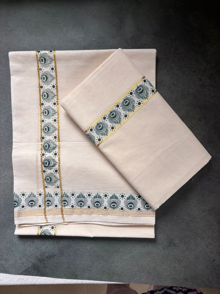 Sarvani Kerala Cotton aalila pattern Single Kasavu Set mundu (green ...